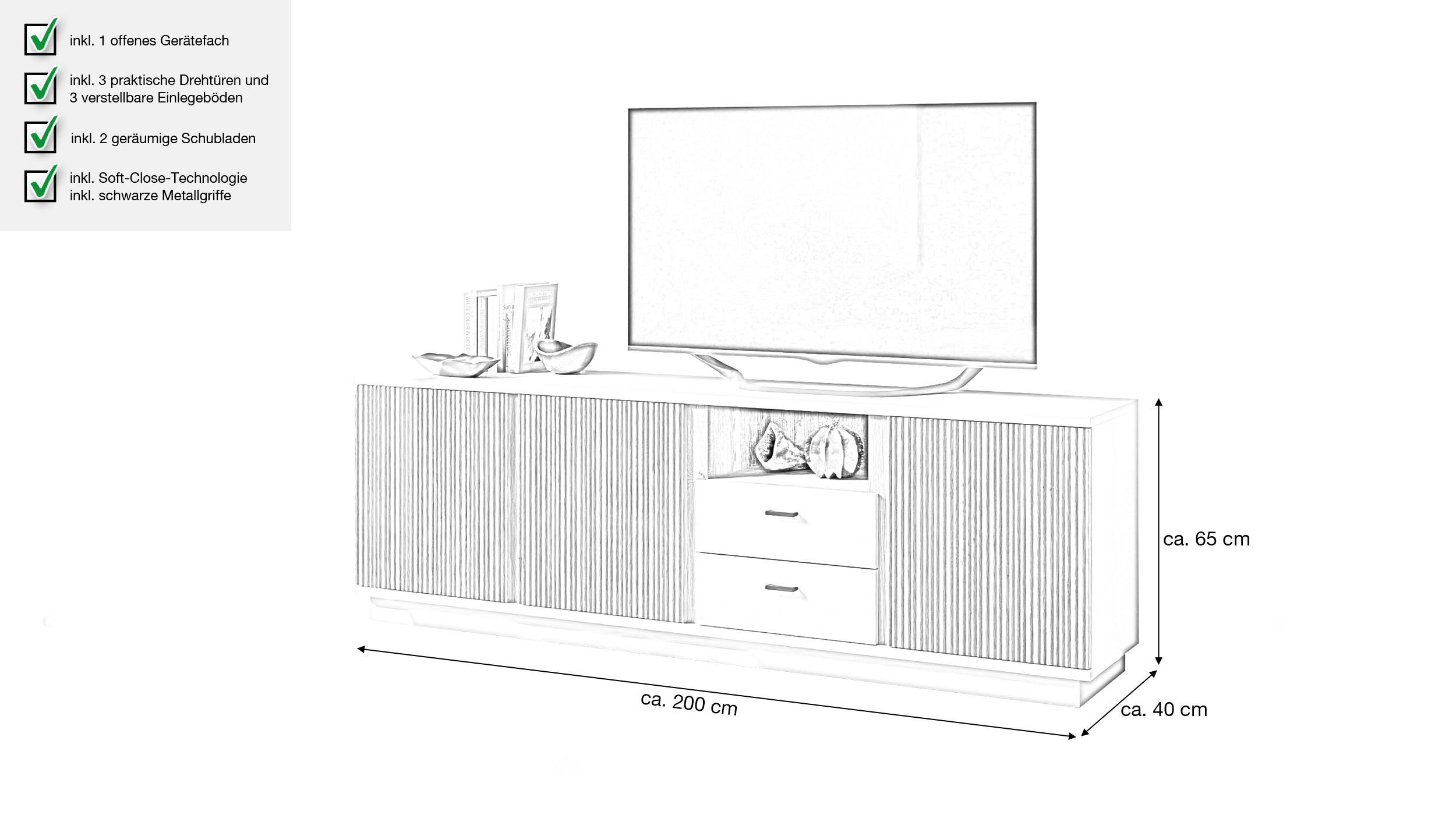 TV-Lowboard MOSANO in beige + Eiche - 2 Schubladen - 200 cm