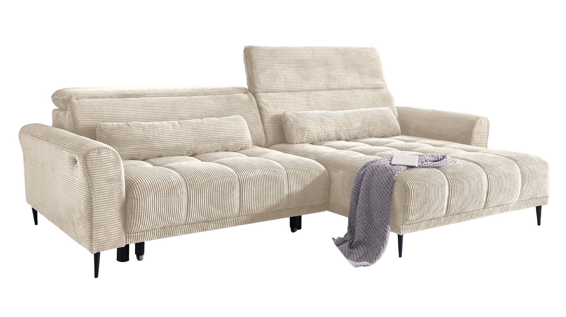 Ecksofa LOGAN Cord beige ausziehbar - Ottomane rechts 277 cm